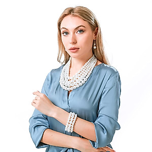 JNF Large Faux Pearl Necklaces for Women Multi strand Pearl Necklace Bracelet and Earrings Set Costume Pearls Necklace Jewelry Ladies (White)