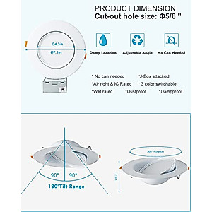 6Pack 𝗠𝗲𝘁𝗮𝗹 LED Downlight and Gimbal Recessed Lighting 6 inch, Adjustable Angled LED Recessed Lighted 3000K/4000K/5000K 12W=120W 1200LM Super Bright Directional Downlight