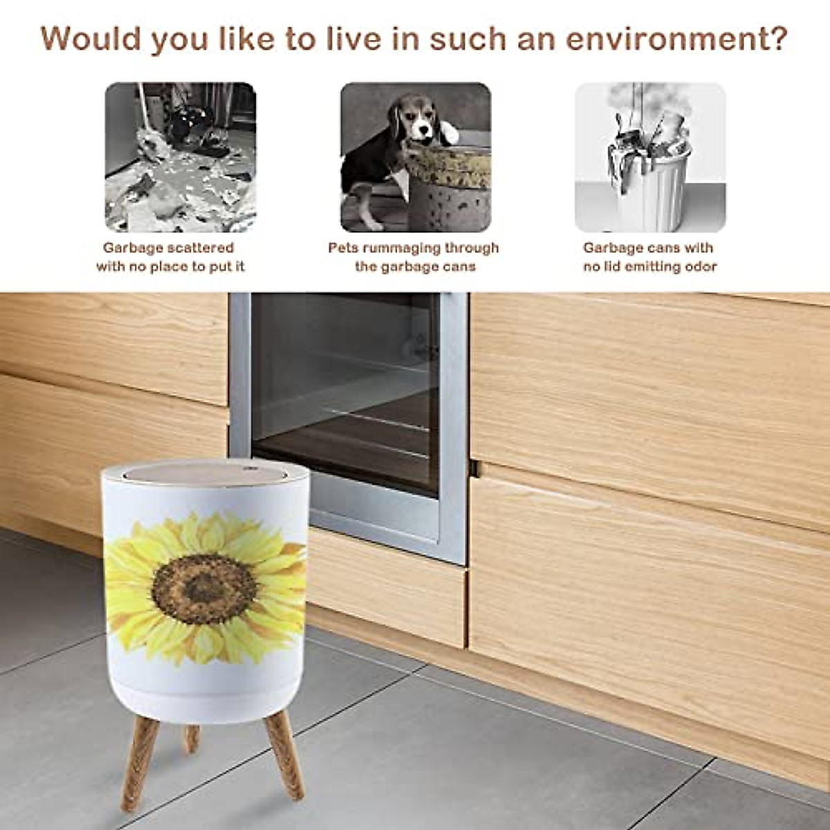 Watercolor Sunflower Inspirational Art Trash Can White Yellow Garden Round Farmhouse Garbage Bin with Lid Press Cover Wastebasket for Bedroom Kitchen Living Room Dorm 7L/1.8 Gallon