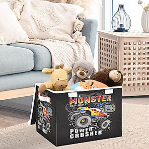 DIGTIA Cool Monster Truck Storage Bins with Lids Collapsible Storage Boxes with Handles Cartoon Car Foldable Organizer Containers for Closet Toys Home Bedroom Office