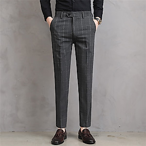 Men's Plaid Business Comfort Pant Casual Straight Fit Tapered Suit Pant Classic Lightweight Loose Fit Trousers (Dark Grey,38)