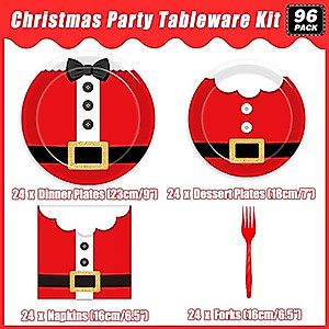 Kepeel 96 Pcs Santa Christmas Paper Plates Santa Claus Suit Disposable Party Plates Napkins Set Merry Christmas Holiday Dinnerware Party Decoration Supplies, Serves 24