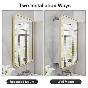 HOMECOOKIN Farmhouse Gold Metal Framed Recessed Bathroom Medicine Cabinet with Beveled Mirror Rounded Rectangle Bathroom Medicine Cabinet 16x24 inch