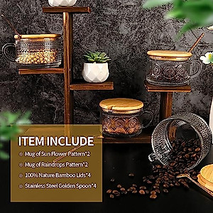 LUECMO Vintage Coffee Tea Cups [4 Pack], 14 oz Glass Tea Coffee Mugs, Clear Embossed Glass Cups for Cappuccino, Latte,Cereal, Yogurt, Beverage (2 sunflower + 2 raindrops)