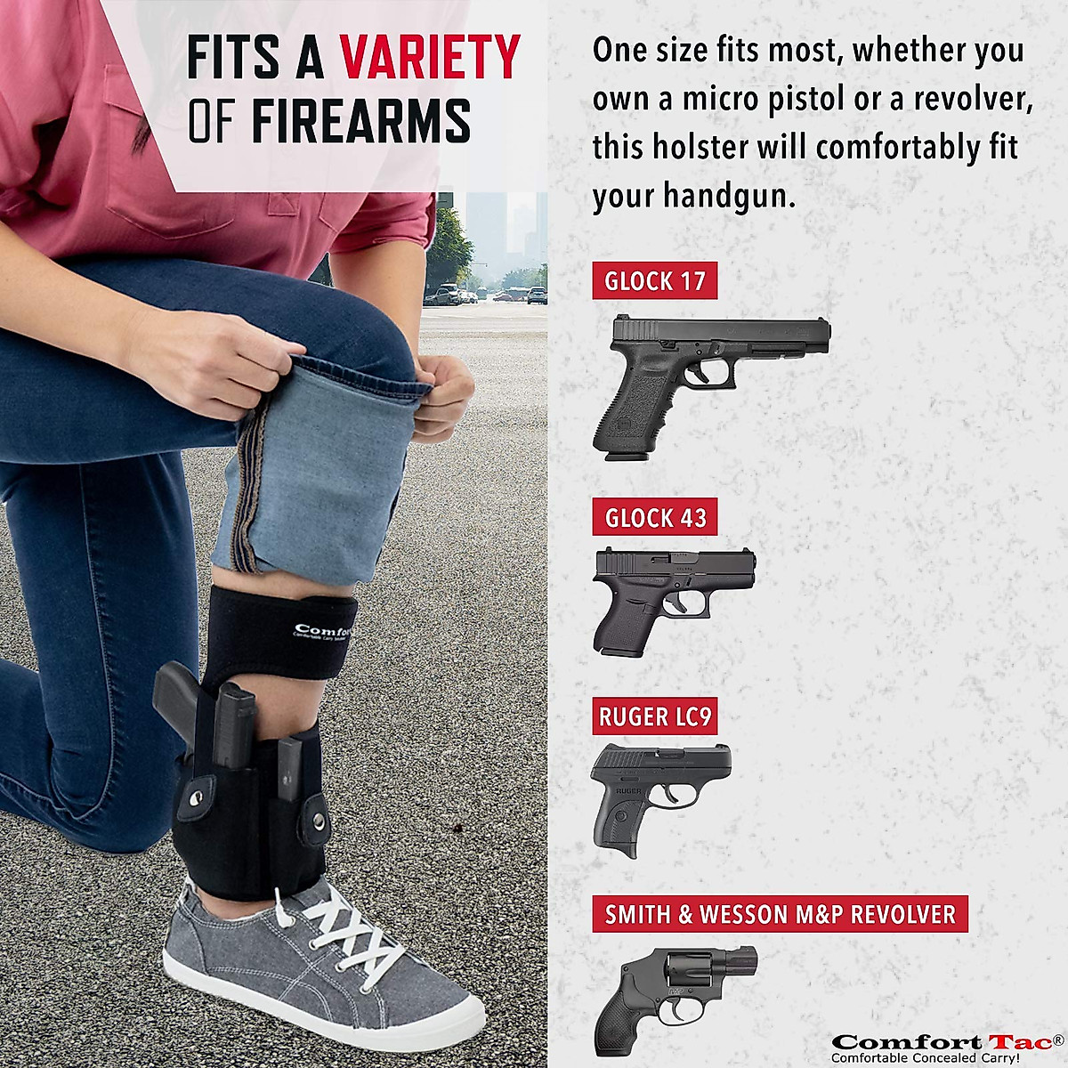 ComfortTac Ankle Holster with Calf Strap and Spare Magazine Pouch for Concealed Carry - One Size Fits Most - Compatible w/Glock 19, 26, 36, 42, 43, S&W Shield, Bodyguard 380, Ruger LCP, LC9, and More