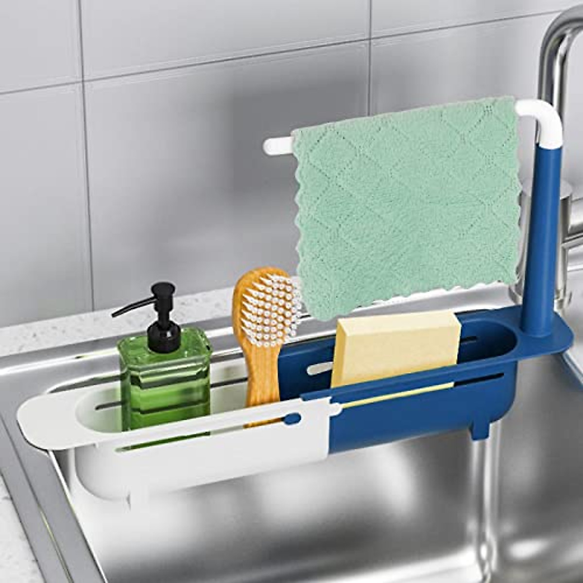 FGSAEOR Telescopic Sink Storage Rack, Adjustable Telescopic 2-in-1 Sink Shelf Rack with a Dish Cloth, Expandable Sponge Soap Holder & Dishcloth Hanger for Sink, Storage Drain Basket for Kitchen (Blue)