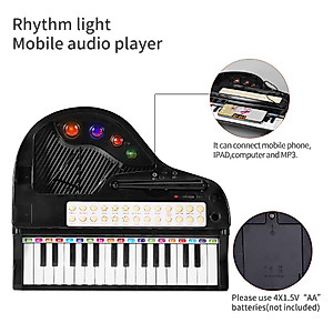 Kids Piano Keyboard Toys 31 Keys,Grand Piano for Beginners,3 4 5 6 Years Old Toddler Girl Boy Gift,Educational Musical Instrument,w/Microphone,Stool,Piano Lid,Lights,Note Stickers,Enamel Finish- Black