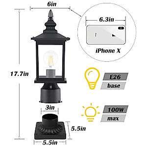 PARTPHONER Dusk to Dawn Outdoor Post Lights with Pier Mount Base, Waterproof Outside Pole Lantern Light Fixture, Exterior Lamp Post Lantern Head with Clear Glass Panels for Garden Patio, 2 Pack
