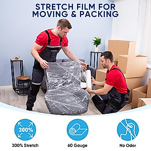 TICONN 2PK Stretch Wrap Stretch Film Roll, 1000ft 60 Gauge Industrial Strength 15 inch Wide Clear Plastic Wrap with Handles for Pallet Wrapping Shipping and Surface Protection (1000ft, 2pk)