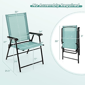 Tangkula Patio Folding Chairs Set of 2, Outdoor Sling Chairs with Breathable Fabric Back & Seat, Portable Dining Camping Chairs for Poolside, Yard, Garden, Deck, Lawn, Beach (Mint Green)