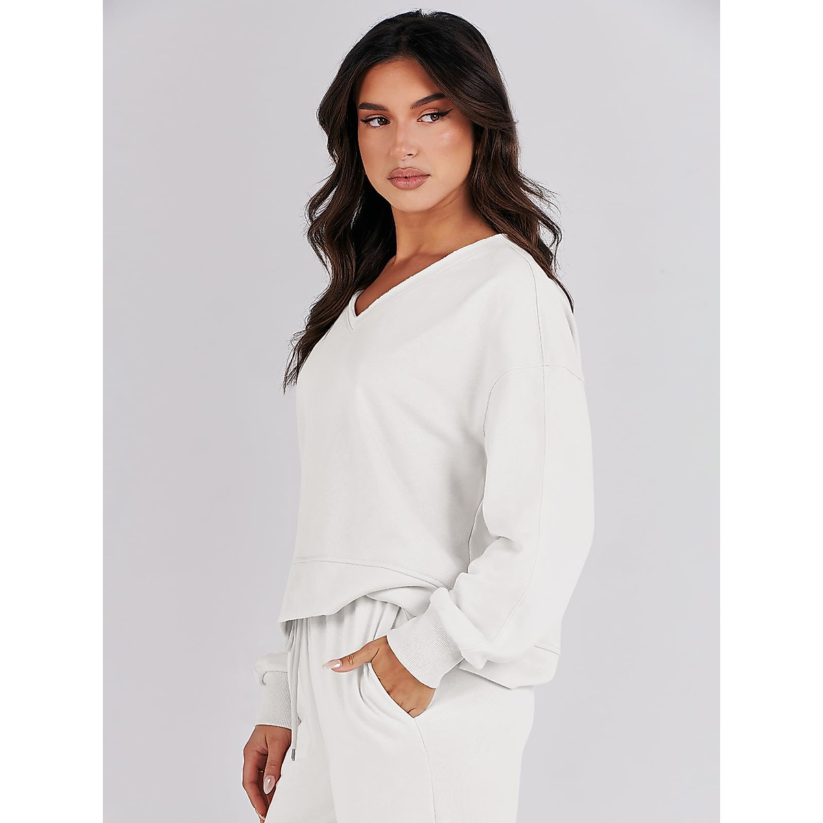 ANRABESS Women’s Two Piece Outfits Matching Sets Long Sleeve V Neck Pullover Top and Wide Leg Pants 2023 Fall Tracksuit Lounge Sets A804baise-S, White