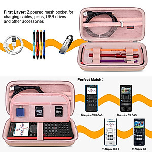 Elonbo Hard Travel Case for Texas Instruments TI-Nspire CX II CAS/CX II/CX CAS Color Graphing Calculator, Extra Zipped Pocket Fits Charging Cable, Charger, Manual, Rose Gold