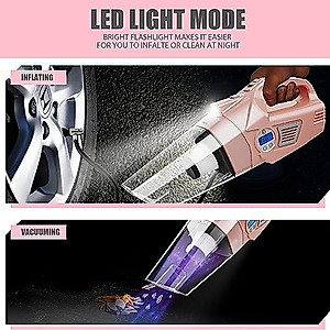 VARSK 4-in-1 Car Vacuum Cleaner High Power, Tire Inflator Portable Car Vacuum with Digital Tire Pressure Gauge LCD Display and Light, 12V DC, 15FT Cord, Pink Car Accessories for Women, Gifts for Her