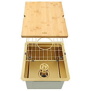 LQS Bar Sink, Gold Undermount Bar Sink, RV Sink, Stainless Steel Bar Sink 15" x 17", 16 Gauge Workstation Sink, Small Single Bowl Kitchen Sink with Cutting Board, Sink Protectors and Accessories