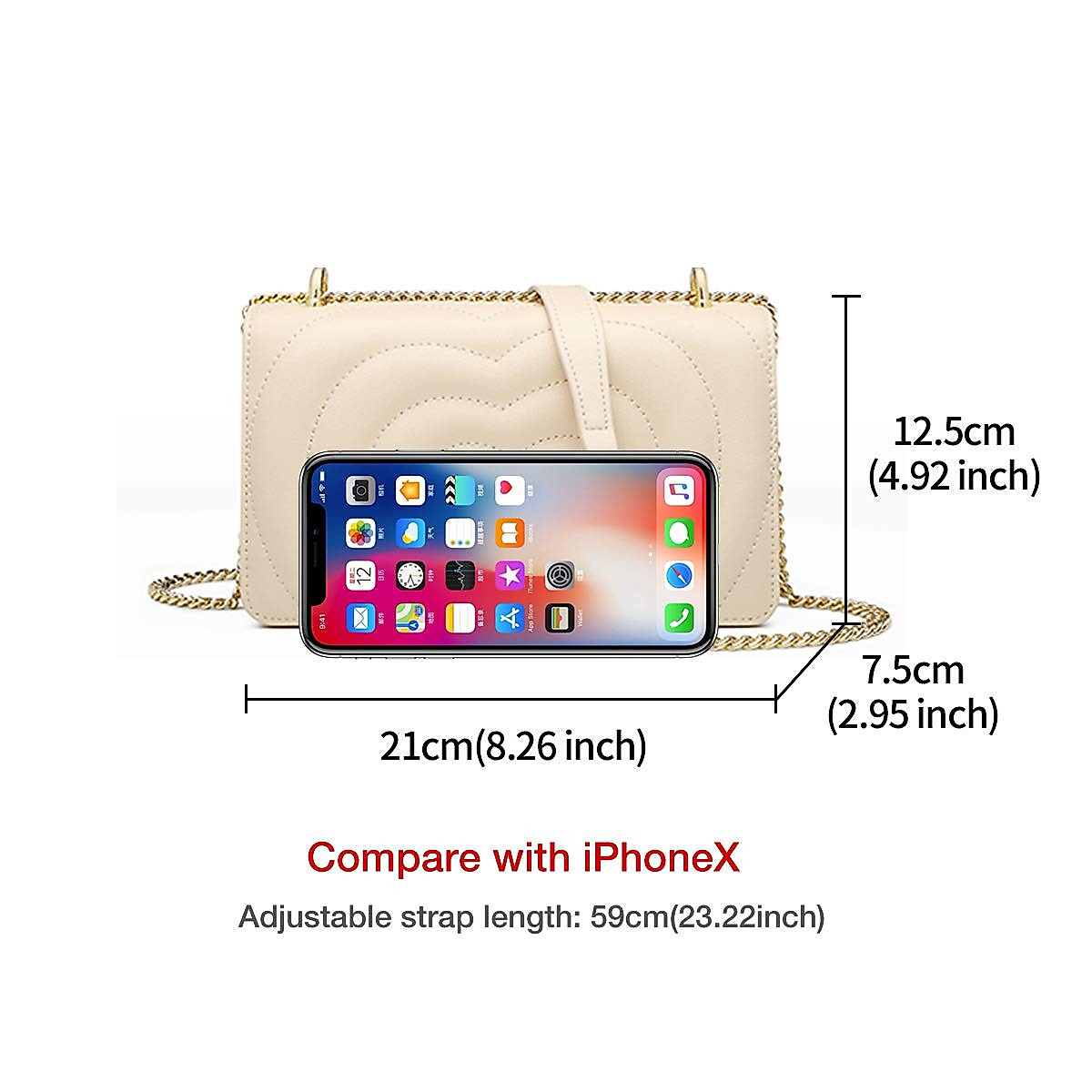 Leather Crossbody Bag for Women, Genuine Leather Ladies Small Purse and Handbags Women's Mini Shoulder Bags Womens Leather Messenger Bags Quilted Bag With Metal Chain Strap Fashion Evening Bag (Beige)