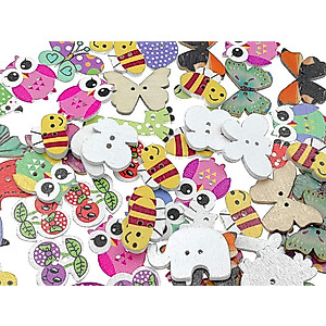 Kinteshun Wooden Buttons Natural Wood 2-Holed Fastener Buttons for Sewing Knitting Handcraft(100pcs,Assorted Cartoon Animals Printing Patterns)