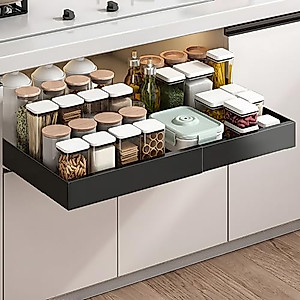 2 Pcs Pull Out Cabinet Organizer, Expandable(12.4"-20.5") Pull Out Drawers for Cabinets Slide Out Drawers for Kitchen Cabinets with Adhesive Nano Film Mounting Adjustable for Kitchen, Pantry (Black)