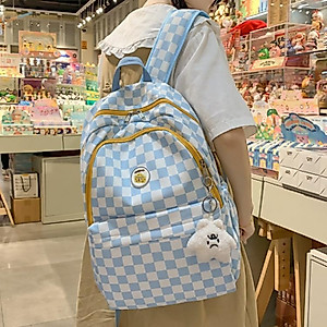 MININAI Cute Checkered Backpack Fit 15.6 Inch Laptop Checkerboard Light Academia Aesthetic Kawaii Preppy Y2k Backpack (Blue,One Size)