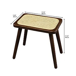 [PJ Collection] Natural Rattan Top Wood Stool, with Portable and Detachable Legs, Handcrafted Wood Stool, Lightweight Stool, Hand Woven, Comfortable Support (Rectangle, Walnut Wood)