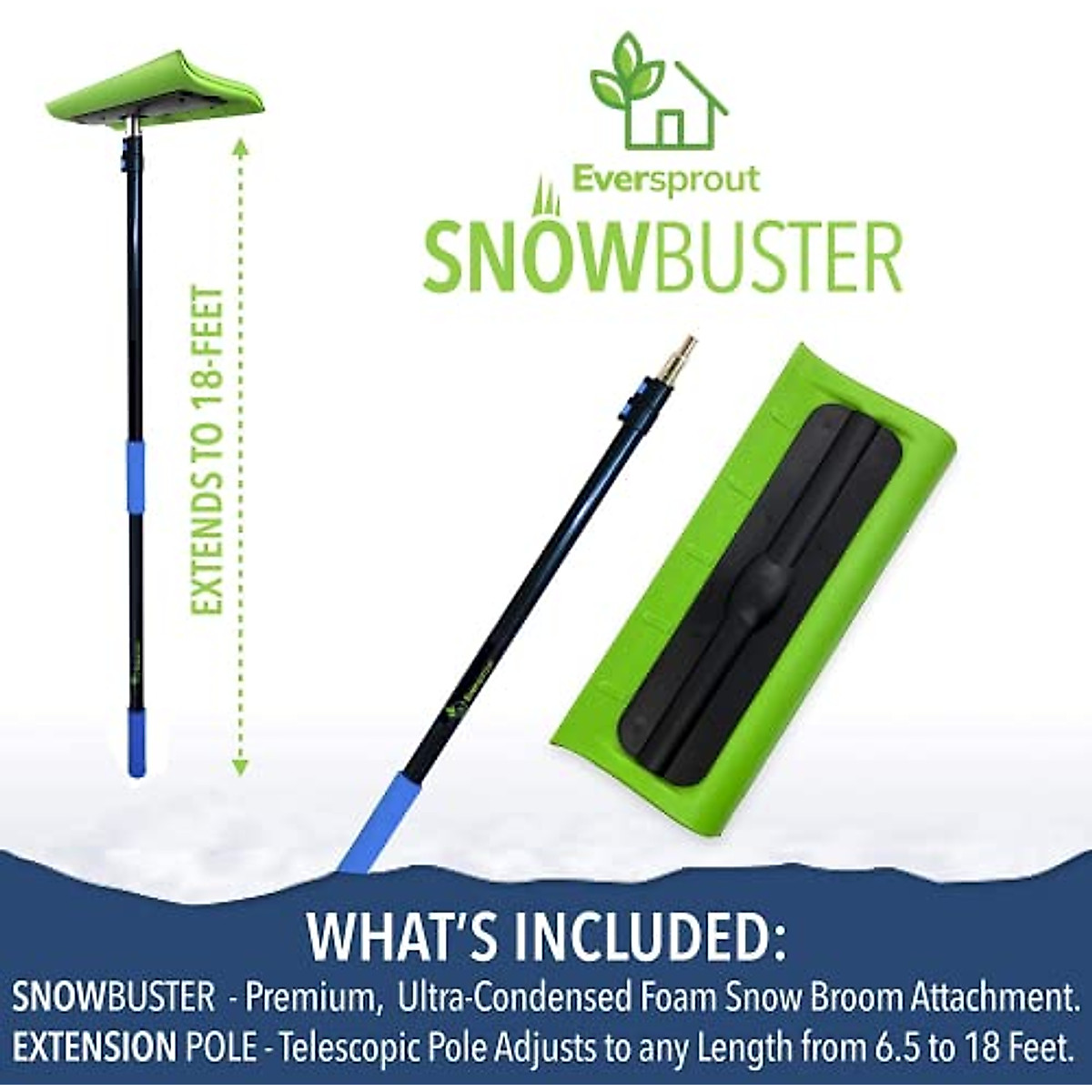 EVERSPROUT Never-Scratch SnowBuster 6.5-to-18 Foot (Up to 24 ft Standing Reach) | Pre-Assembled Extendable Roof Rake for Snow Removal | Lightweight Aluminum, Soft Foam Pad | Exclusive Push/Pull Design