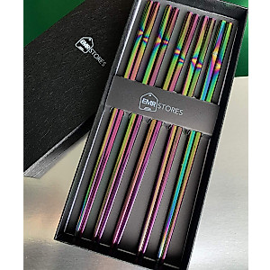 EMRSTORES Stainless Steel Chopsticks - Multicolor Reusable Chopsticks - 5 Pairs Dishwasher Safe Metal Chopsticks - Easy to Use - Square Lightweight Chop Sticks - Gift Set