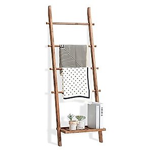 FUIN 5ft Wood Blanket Ladder with Bottom Shelf Decorative Wall Leaning Towel Rack Bathroom Storage Quilt Display Holder Rustic Farmhouse, Light Brown