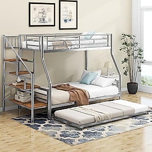 RORIGAT Twin Over Full Bunk Bed with Trundle,Metal Bunk Beds with Storage Staircase and Guard Rail,Bunk Bed Twin Over Full Size for Kids Boys Girls Teens Bedroom,Silver