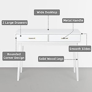 Rotihom Small White Desk with 2 Drawers, Modern Writing Desk for Small Spaces, Home Office Desk for Study, Laptop Computer Desk for Work, Makeup Vanity Table for Bedroom (White)