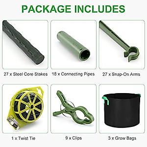 GROWNEER 3 Packs Plant Cages Assembled Tomato Garden Cages Stakes Vegetable Trellis, with 3Pcs 10 Gallon Grow Bags, 9Pcs Clips and 328Ft Twist Tie, for Vertical Climbing Plants
