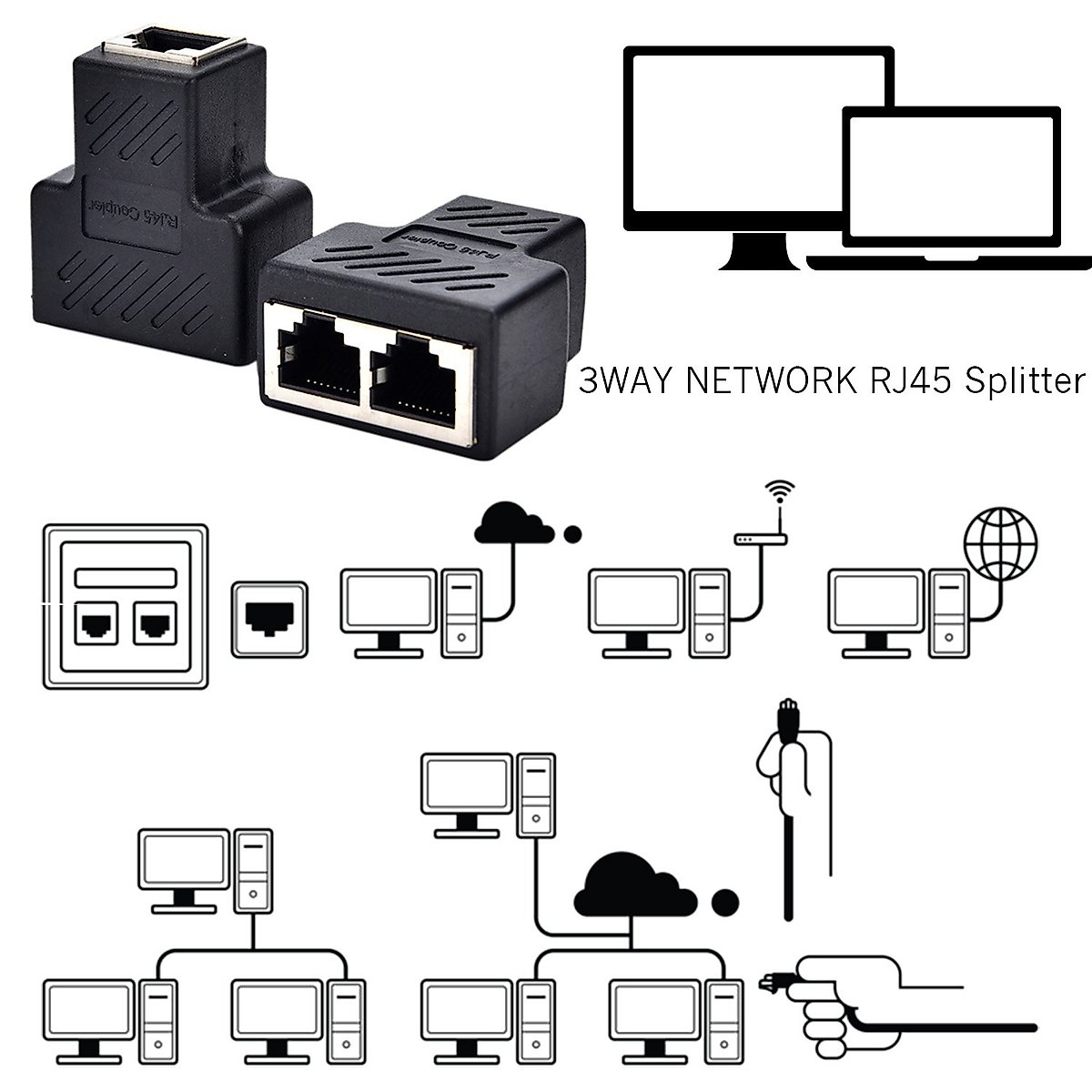 RJ45 Splitter, DISDIM RJ45 Adapter 1 to 2 Ethernet Splitter 8P8C Extender Plug LAN Connector with Shield [Anti-Signal Interference] Compatible with Cat 5/ Cat5e / Cat 6 / Cat7 Network Cable