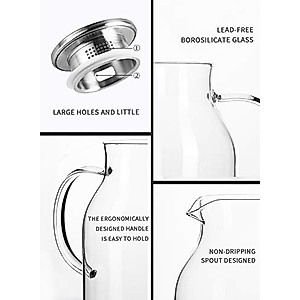 Kanwone 75oz Glass Pitcher with Stainless Steel Lid and Spout, Heat Resistant Borosilicate Glass Water Carafe for Sun Tea, Lemonade, Homemade Juice, Milk or Hot Beverages