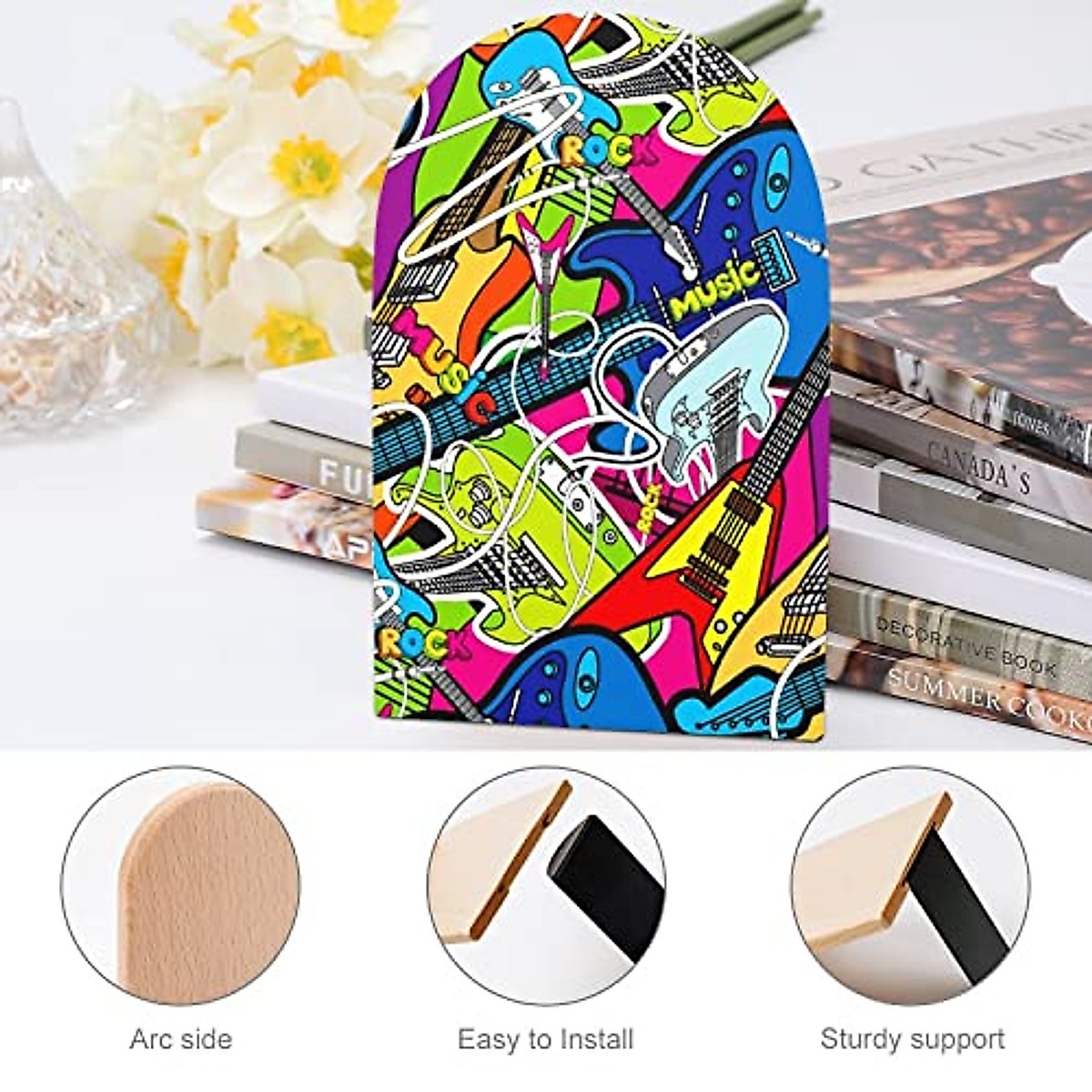 Music Theme Book Ends 2 Piece Universal Heavy Duty Bookends Non-Skid Wood Books Stopper Desktop Organizer Office School Library Home Bookshelves Decor for Men Women Magazines CDs 6.7"x4.7"