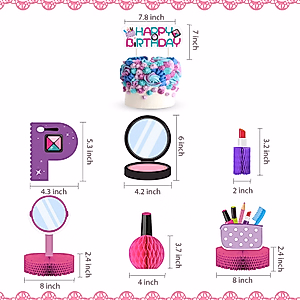 Sumind Spa Theme Party Supplies for Girls Makeup Party Decorations Includes 3 Happy Birthday Banner 1Cake Topper Pick and 20 Latex Balloons 4 Honeycomb Centerpieces for Spa Make up Theme Party Decor