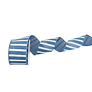 DINDOSAL Denim Blue Burlap Ribbon Wired Horizontal Stripe Wired Edge Ribbon Denim Ribbon for Gift Wrapping, Wreath Supplies, DIY Crafts, Topper Bows, Farmhouse Decorations, 2.5" x 10 Yards x 1 Roll