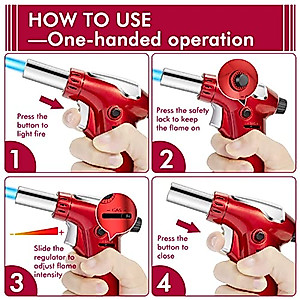 Butane Torch, Vimzone Torch Lighter with Safe Lock, Adjustable Flame Blow Torch, Fit All Butane Tanks Kitchen Torch for BBQ, Baking, Brulee Creme, and Desserts (Butane Gas Not Included) Red…