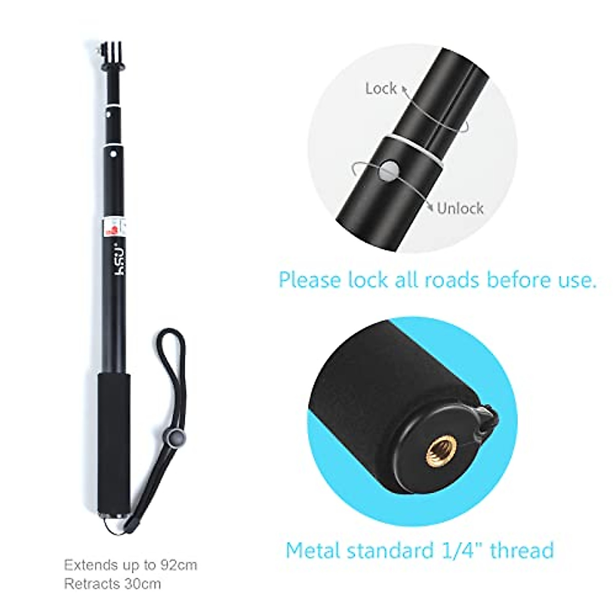 HSU Extendable Selfie Stick for Action Camera，Waterproof Hand Grip for GoPro Hero 11/10/9/8/7, Handheld Monopod 6.5" to 26.4" Compatible with Cell Phones, AKASO Campark and Other Action Cameras