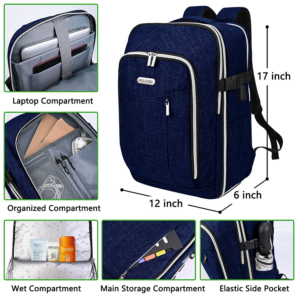 HXLGMD Personal Item Travel Backpack for Women Men, Flight Approved Carry On Underseat Luggage Casual Weekender Daypack for College Business Outdoors