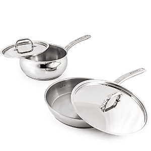 BergHOFF Belly Shape 18/10 Stainless Steel 4Pc Cookware Set, Metal Lids, Fast, Evenly Heat, Induction Cooktop Ready