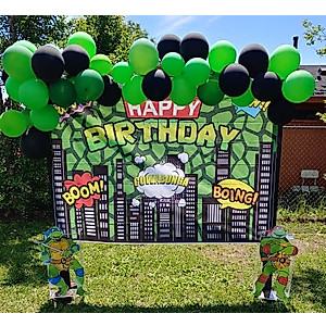 BINQOO 5x3ft Cartoon Birthday Backdrop Green American Comics Cityscape Buildings Photography Background Tortoise Boy Newborn Baby Shower Kids Decor Photo Booth Prop