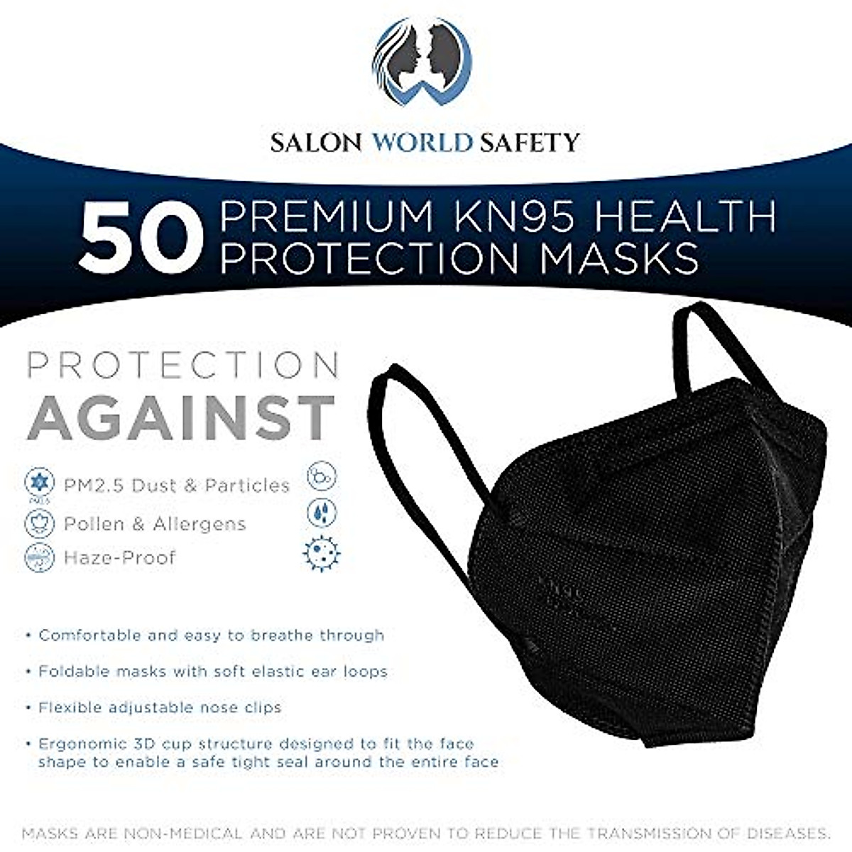 Salon World Safety Black KN95 Protective Masks, Box of 50 - Filter Efficiency ≥95%, 5-Layers, Sanitary 5-Ply Non-Woven Fabric