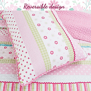 Cozy Line Home Fashions Pink Polka Dot Flower Girl 100% Cotton Reversible Quilt Bedding Set, Coverlet, Bedspread (Greta Pastel, Twin - 2 Piece: 1 Quilt + 1 Sham)