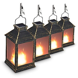 10" Vintage Style Solar Powered Lantern Fame Effect(Metallic Coating Black,Plastic),Solar Garden Light with Vivid Fire,Outdoor Hanging Lantern,Decorative Lanterns ZKEE (Set of 4)