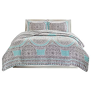 Comfort Spaces Reversible Quilt Set - Vermicelli Stitching Bohemian Design, All Season, Lightweight, Coverlet Bedspread Bedding, Shams, Twin/Twin XL(66"x90") Adele Aqua Medallion 2 Piece