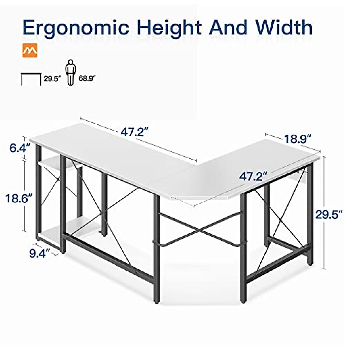Coleshome L Shaped Computer Desk 66" with Storage Shelves, Corner Gaming Desk, Sturdy Writing Desk Workstation, Modern Wooden Office Desk, Wood & Metal, White
