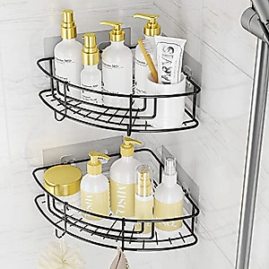 GAAKY Corner Shower Caddy, 3 Pack Corner Shower Shelf with Soap Holder and 4 Hooks, No Drilling Shower Organizer Adhesive Stainless Steel Shower Shelves for Bathroom Storage(Black)