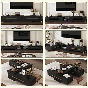 FAMAPY Modern TV Console Extendable Media Console, Adjustable Length, Contemporary Entertainment Center with Drawers and Legs, for Living Room Black and Gold (95”-133.9”W x 15.2”D x 13.1”H)