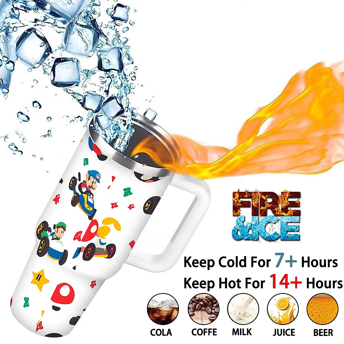 FOCIUZTA 40oz Playful Mario Kart Pattern Tumbler with Lid, Travel Coffee Cup, Ideal for Easter, Gaming Enthusiast, Mother Day, and Birthday Gifts