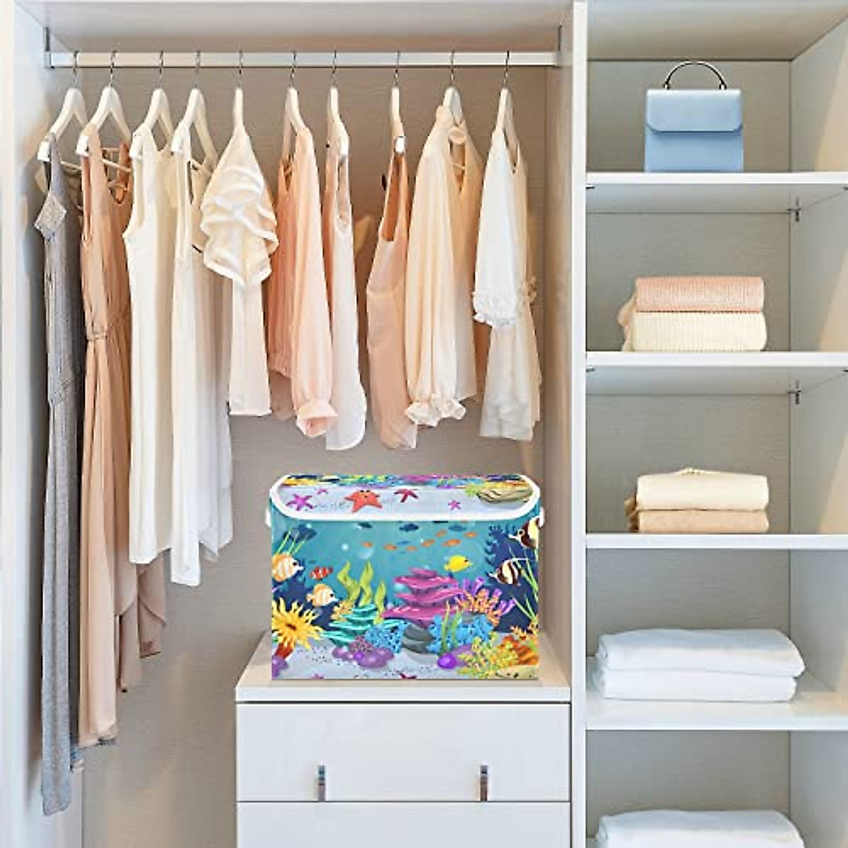 Closet Storage Bins with Lids Storage Basket for Clothes Marine Coral Reefs Photo Organization 12x12x16