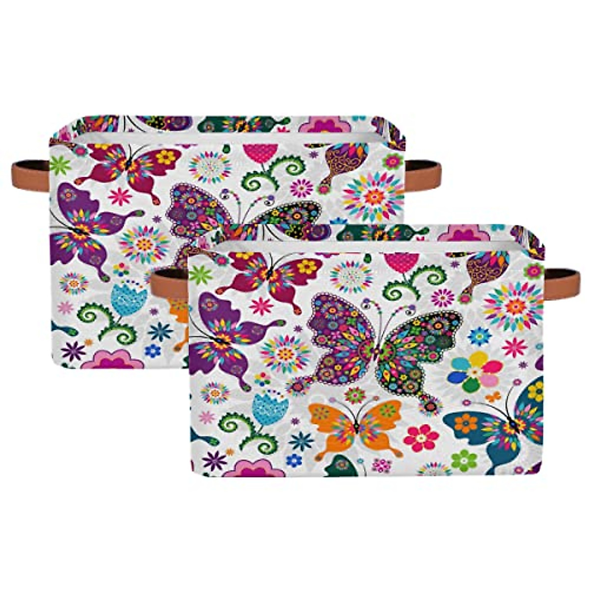 Pardick Floral Butterfly Large Collapsible Storage Bins ,Flying Butterfly Decorative Canvas Fabric Storage Boxes Organizer with Handles，Rectangular Baskets Bin for Home Shelves Closet Nursery Gifts