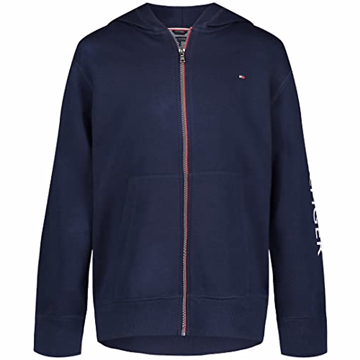 Tommy Hilfiger Boys' Long Sleeve Fleece Full Zip Hoodie, Navy Blazer Signature Stripe, 6